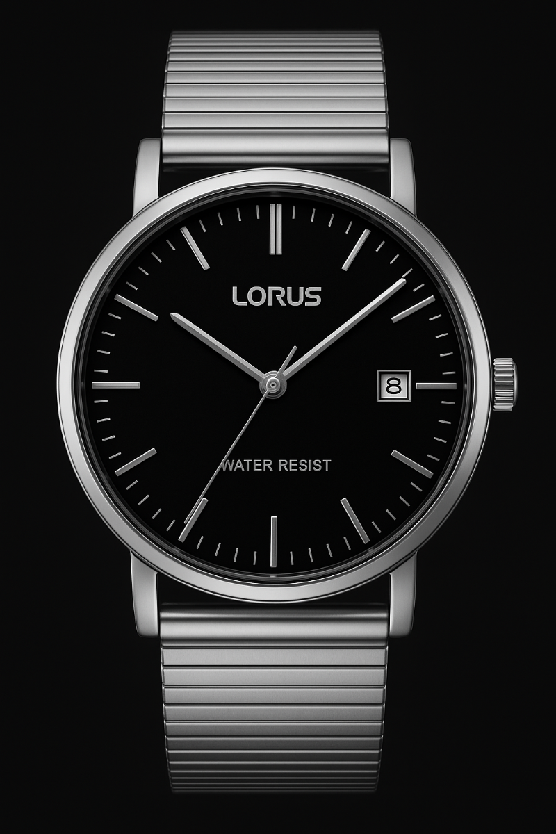 Lorus Mens Stainless Steel Black Dial - Svart quartz damklocka herrklocka
